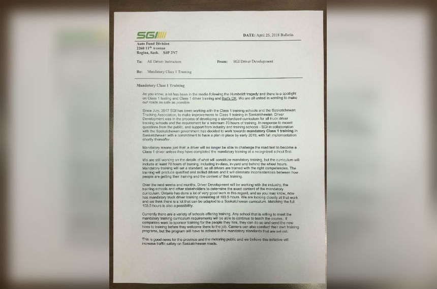 Memo suggests move to mandatory training for Sask. truckers | 980 CJME